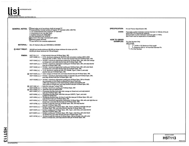 Hi-Lite Pins - HST113 - Tension Head - Titanium