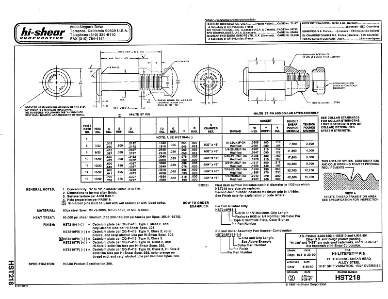 Hi-Lite Pins - HST218 Oversize - Alloy Steel