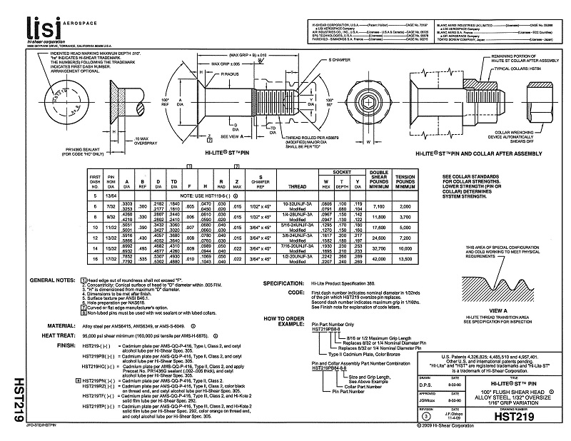 Hi-Lite Pins - HST219 - Shear Head, Alloy Steel
