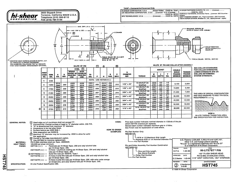 Hi-Lite Pins - HST745 Oversize - Shear Head
