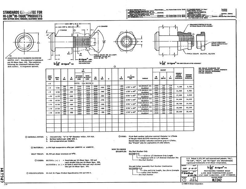 Hi-Lok / Hi-Tigue Fasteners - HLT242 Hi-Tigue Pin - Protruding Tension Head