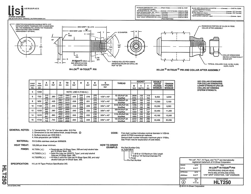 Hi-Lok / Hi-Tigue Fasteners - HLT250 Hi-Tigue Pin - Protruding Shear Head