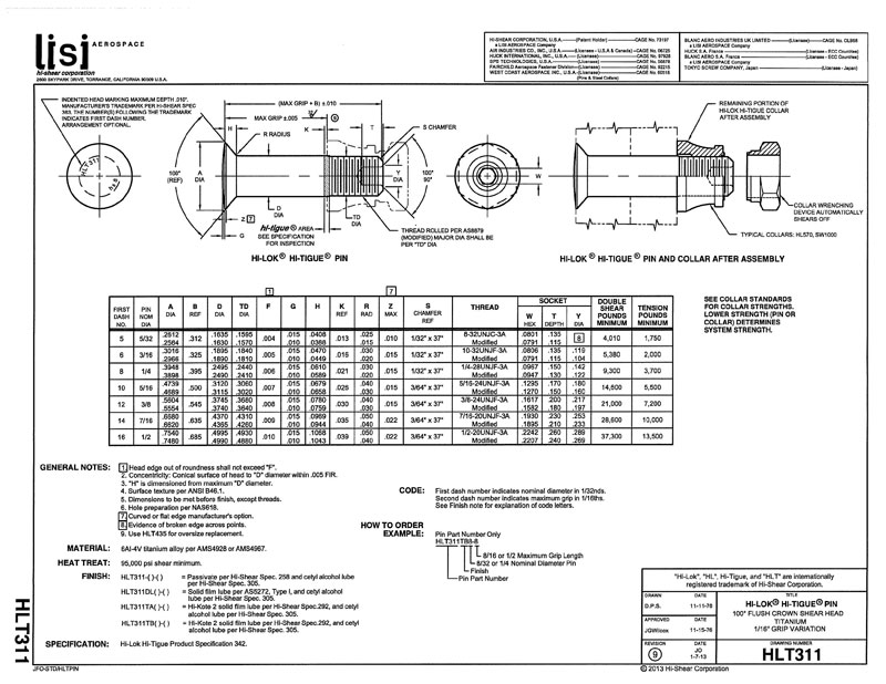 Hi-Lok / Hi-Tigue Fasteners - HLT311 Hi-Tigue Pin - Shear Head