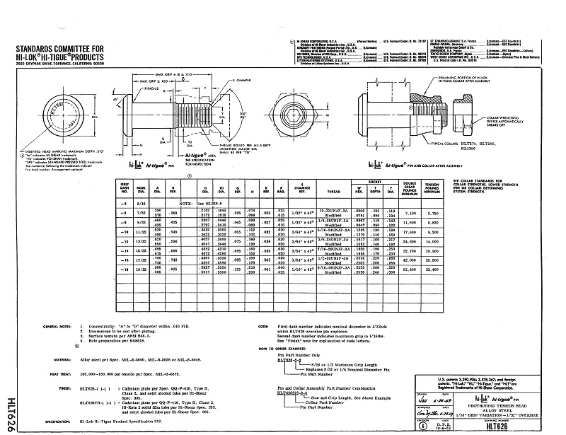 Hi-Lok / Hi-Tigue Fasteners - HLT626 Hi-Tigue Pin - Protruding Tension Head
