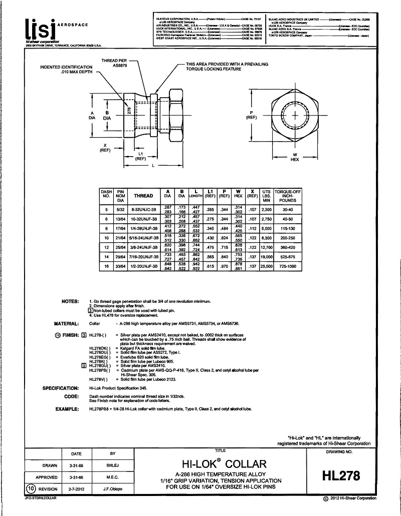 Hi-Lok Fasteners - HL278 Hi-Lok Collar - Tension Application
